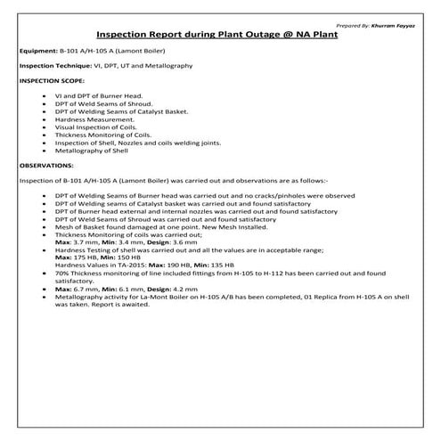Inspection Report during Plant Outage @ NA Plant | PDF