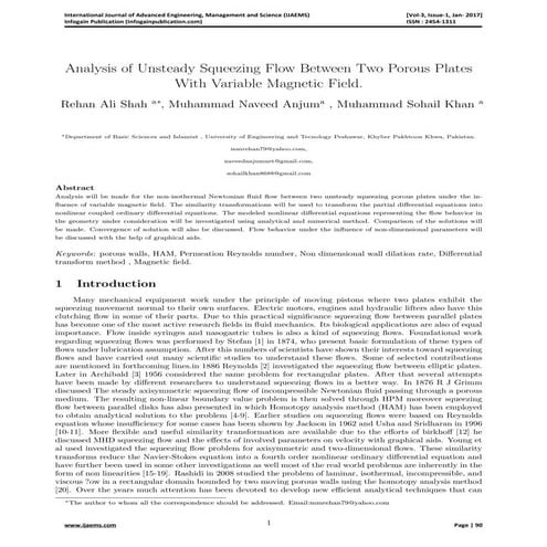 Analysis Of Unsteady Squeezing Flow Between Two Porous Plates With Variable Magnetic Field Pdf