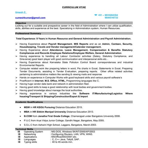 Resume Of Umesh | PDF