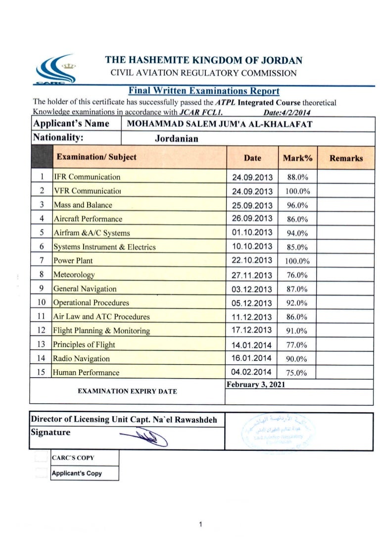 Final written examination report