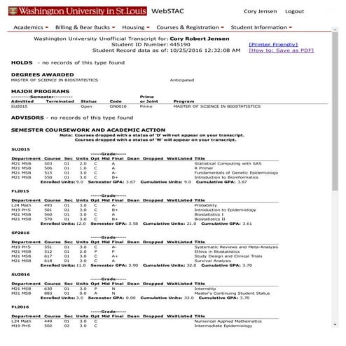 Cory Jensen Unofficial Masters Transcript | PDF