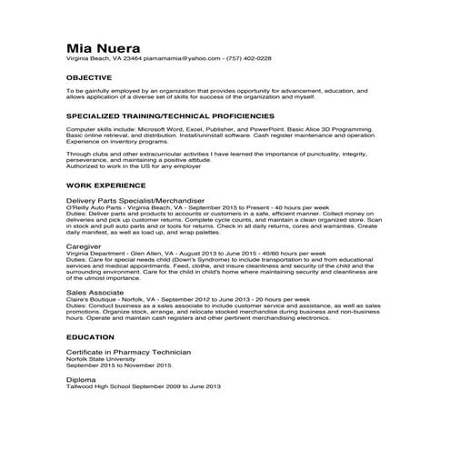 Mia's Resume 2016 | PDF | Sales | Business