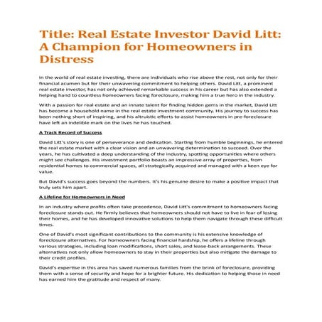 David Litt: Transforming Lives Through Real Estate Investments | PDF