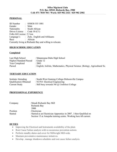Curriculum Vitae for Sifiso M. Zulu | DOC | Careers