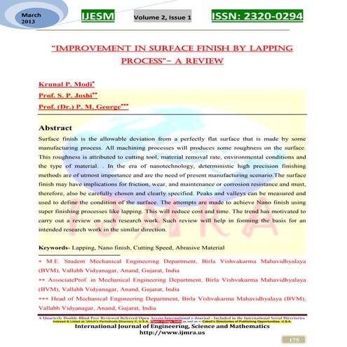 “Improvement in Surface Finish by Lapping Process”- A Review | PDF