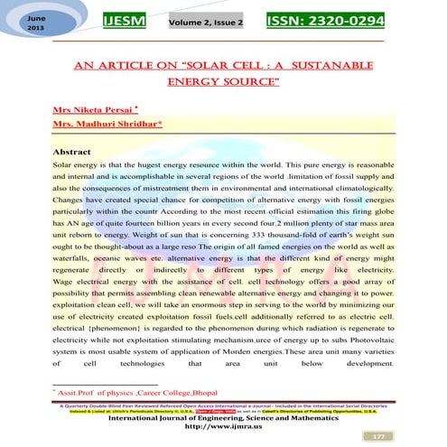 An Article on “SOLAR CELL : A SUSTANABLE ENERGY SOURCE” | PDF