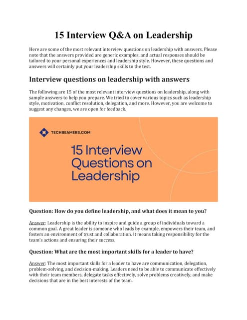 Top 10 scenario-based questions for hiring a Team Leader | PPTX