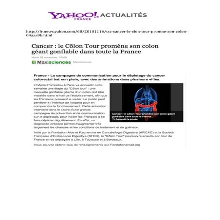 Article Presse Colon Tour - yahooactualités.com - 16 novembre 2010 | PDF