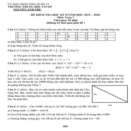 Đề Thi HK2 Toán 7 - THCS Nguyễn Ảnh Thủ | DOCX