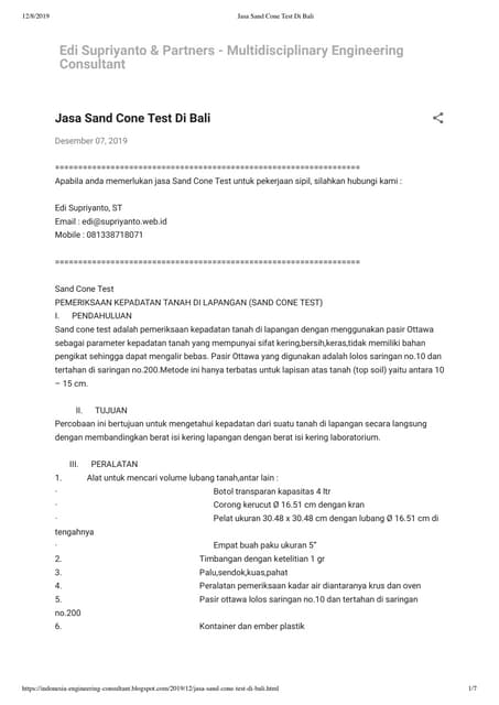 Sand cone test (Tes Kepadatan Tanah di Lapangan) | PDF