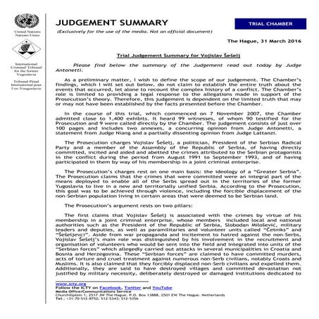ICTY Judgement summary Vojislav Šešelj | PDF
