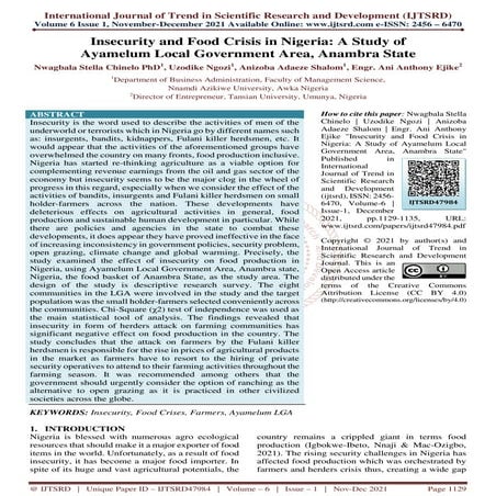 Insecurity and Food Crisis in Nigeria A Study of Ayamelum Local Government Area, Anambra State ...