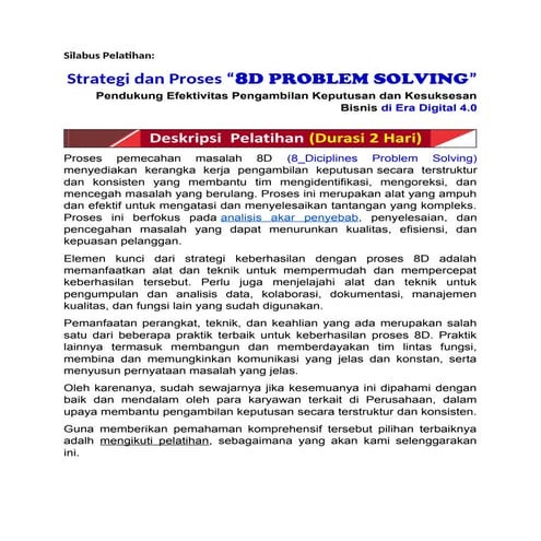 Silabus Pelatihan *Strategi dan Proses “8D PROBLEM SOLVING” Pendukung Efektivitas Pengambilan ...