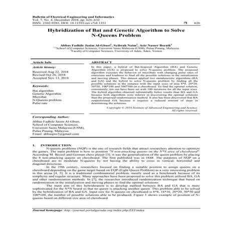 Hybridization of Bat and Genetic Algorithm to Solve N-Queens Problem | PDF