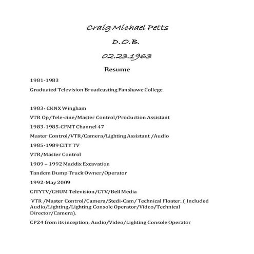 Craig M Petts Resume | DOCX | Television | Entertainment