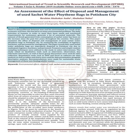 An Assessment of the Effect of Disposal and Management of used Sachet ...