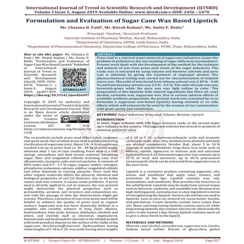 Formulation and Evaluation of Sugar Cane Wax Based Lipstick | PDF