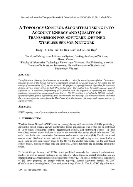 A Topology Control Algorithm Taking Into Account Energy And Quality Of Transmission For Software