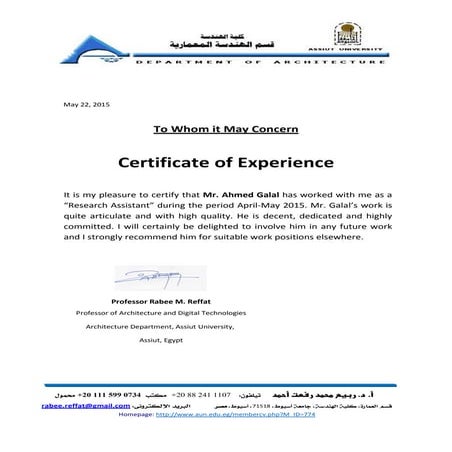 Certificate of Experience Ahmed Galal | PDF
