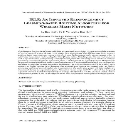 IRLR: an Improved Reinforcement Learning-Based Routing Algorithm for Wireless Mesh Networks | PDF