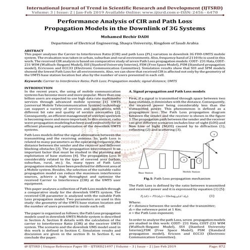 Performance Analysis of CIR and Path Loss Propagation Models in the Downlink of 3G Systems | PDF