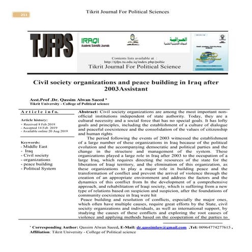 Civil society organizations and peace building in Iraq after 2003 ...