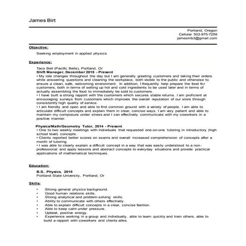 James' Resume 3-7-16 Physics (1) | PDF