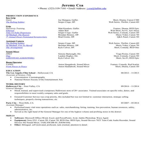 Jeremy Cea Production Resume | DOC | Technology & Computing