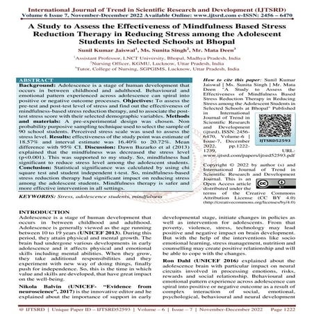 A Study to Assess the Effectiveness of Mindfulness Based Stress ...