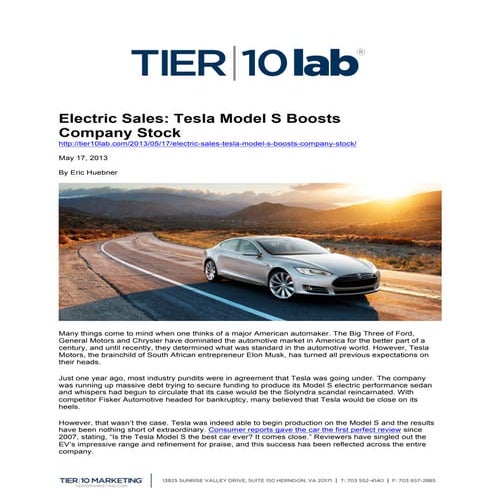 Electric Sales: Tesla Model S Boosts Company Stock | PDF