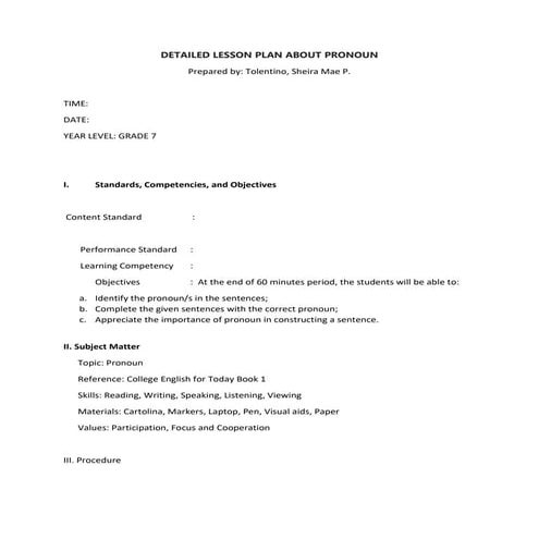 Semi detailed lesson plan in english(pronoun) | DOCX