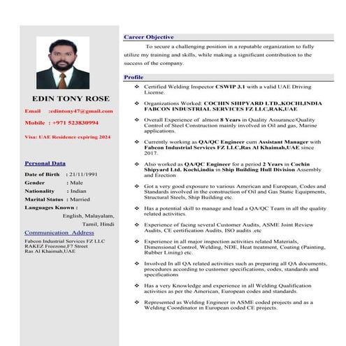 RESUME FOR QA-QC ENGINEER | DOCX