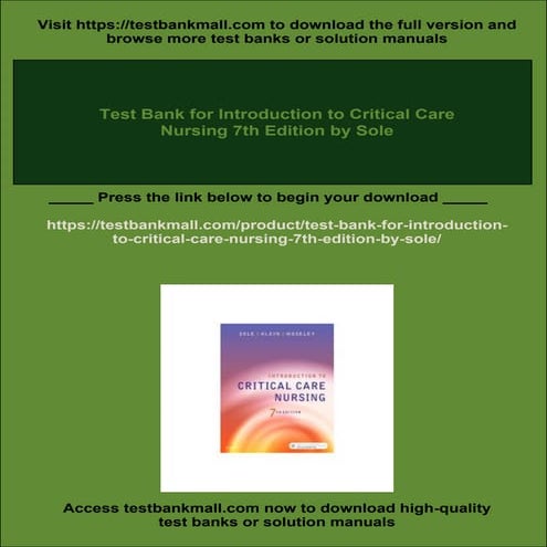 Test Bank for Introduction to Critical Care Nursing 7th Edition by Sole ...