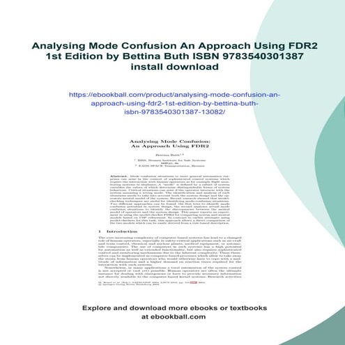 Analysing Mode Confusion An Approach Using FDR2 1st Edition by Bettina Buth ISBN 9783540301387 | PDF