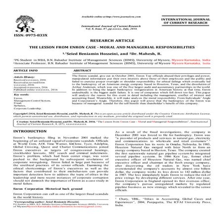 “The Lesson from Enron Case - Moral and Managerial Responsibilities” | PDF