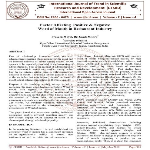 Factor Affecting Positive & Negative Word of Mouth in Restaurant ...