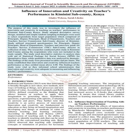 Influence of Innovation and Creativity on Teacher’s Performance in ...