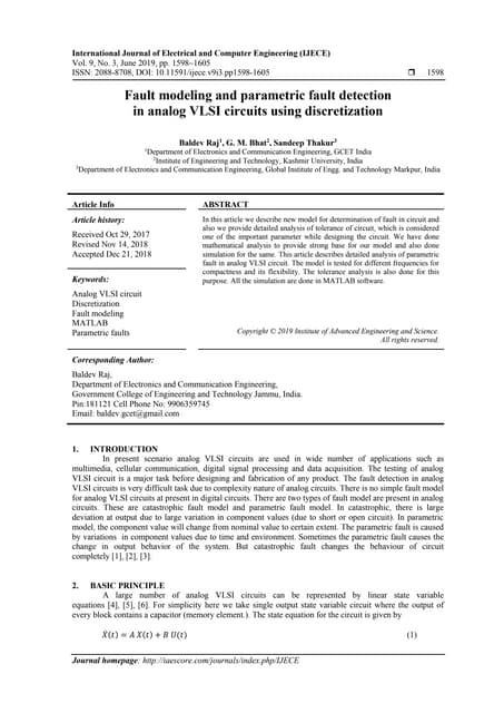 Fault Modeling And Parametric Fault Detection In Analog Vlsi Circuits 8457