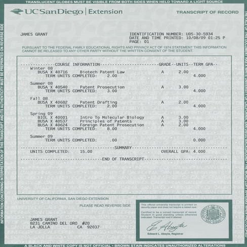 UCSD Transcript - James Lewis Grant | PDF