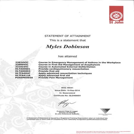 Certificate Advanced First Aid | PDF