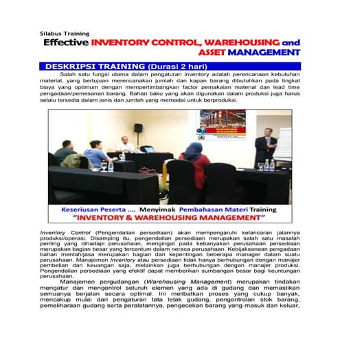 Silabus Training "Effective INVENTORY CONTROL, WAREHOUSING and ASSET ...