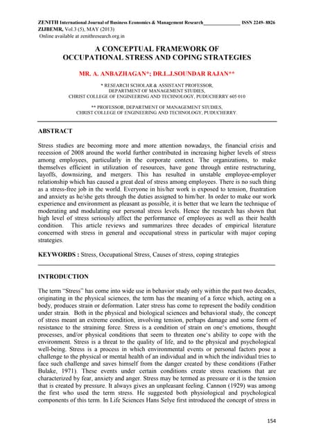 A THEORETICAL FRAMEWORK OF STRESS MANAGEMENT- CONTEMPORARY APPROACHES ...