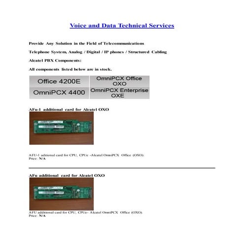 Voice and Data Technical Services-Alcatel PBX Parts | DOCX