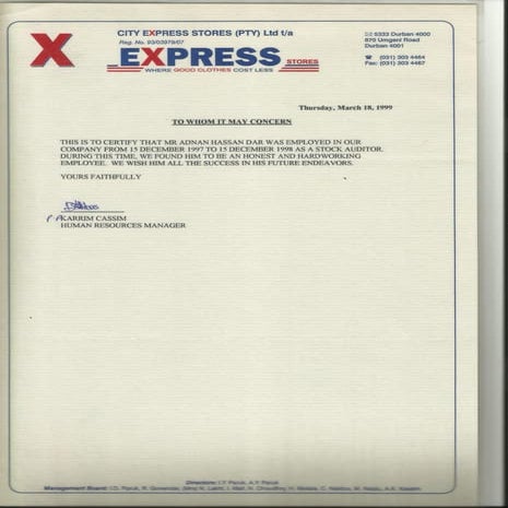 Express Stores South Africa Experience Certificate | PDF
