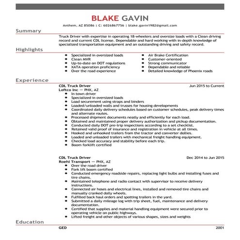 Blake Gavin CDL Resume 1 | PDF