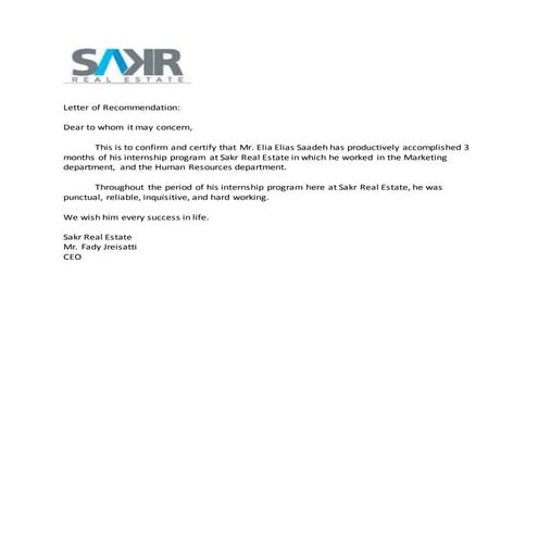 Sakr Real Estate Reccomendation | DOCX | Human Resources | Business
