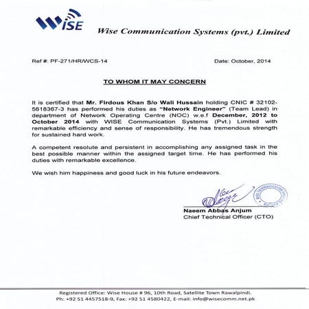 WiseComm Exp letter | PDF