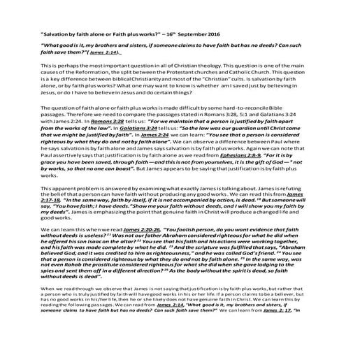 16th September 2016 - Is Salvation by faith alone or Faith plus works ...