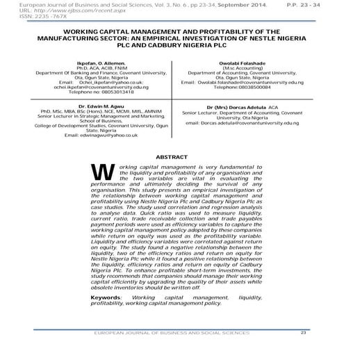 Working capital management and profitability of the manufacturing sector an empirical ...