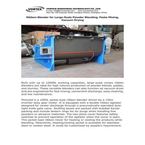 ribbon blender for large scale powder blending, paste mixing, vacuum ...